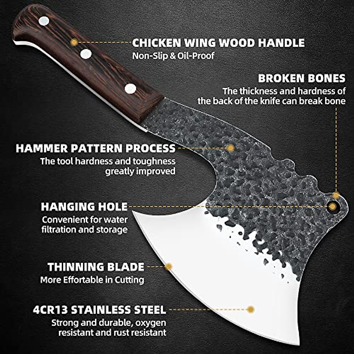 Handmade Meat Cleaver Axes Shape Forged Heavy Duty High Carbon Butcher Knife Boning Breaker Vegetable Butcher Chopper Cutting Chef Knife with Cover for Kitchen Outdoor BBQ (Black)