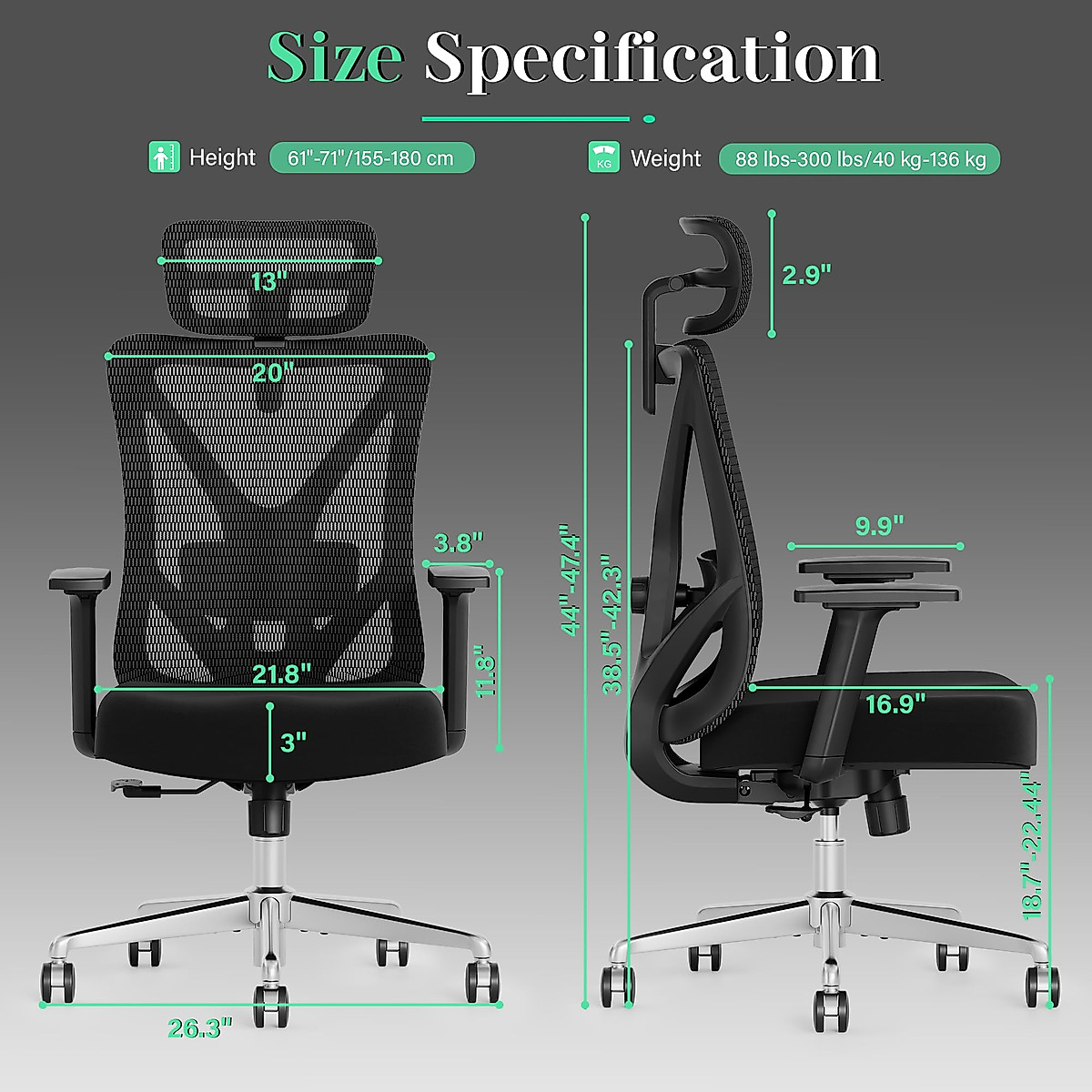 T23 Ergonomic Office Chair,Mesh Computer Desk Chairs with Adjustable Lumbar Support,Headrest,3-D Armrests,Swivel Wheels,Rolling Home Office Desk Chairs for Long Hours (Black)