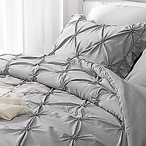 JOLLYVOGUE Queen Comforter Set 8 Pieces, Pintuck Gray Bed in a Bag Comforter Set for Bedroom, Beddding Sets with Comforter, Sheets, Bed Skirt, Ruffled Shams & Pillowcases
