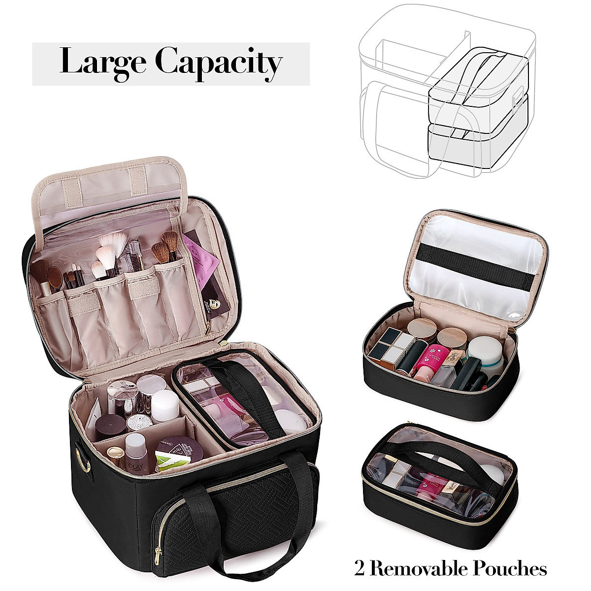 Prokva Travel Makeup Bag with 2 Pouches and Adjustable Dividers, Large Cosmetic Case Make up Organizer for Women Fits Bottles Vertically, Black (Patented Design)