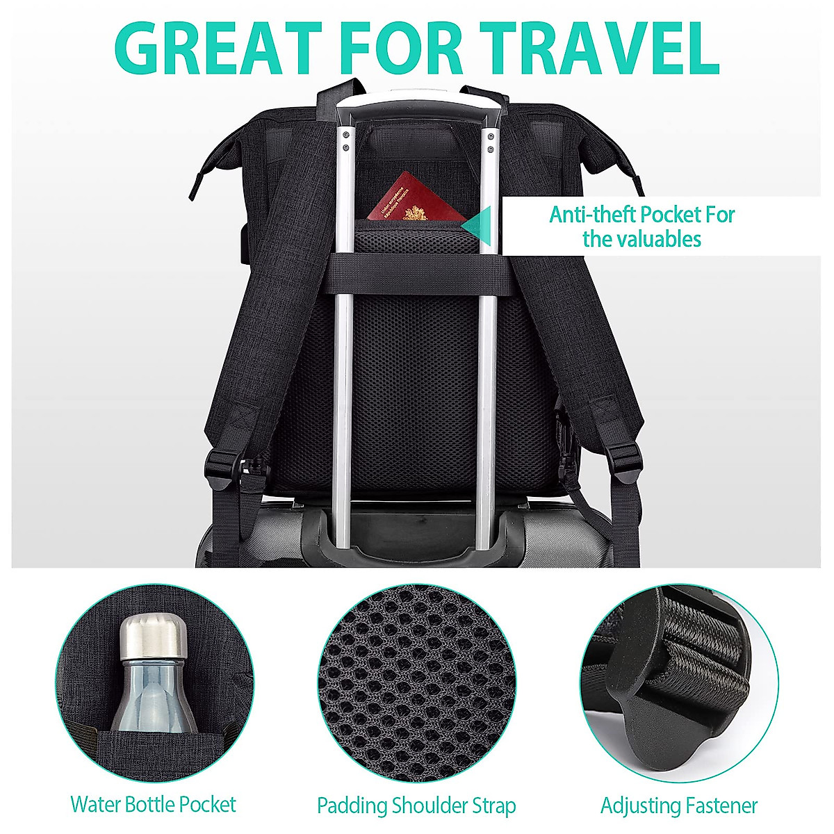 Kuosdaz Laptop Backpack for Women Men, 17.3 Inch School Backpacks with USB Charging Port, Wide Open Large Backpack, Casual Daypacks for Travel College, Black