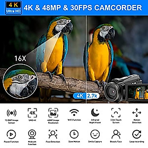 4K Video Camera Camcorder UHD 48MP WiFi IR Night Vision Vlogging Camera for YouTube Touch Screen 16X Digital Zoom Camera Recorder with Microphone, Handheld Stabilizer, Lens Hood, Remote,2 Batteries