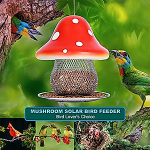 Red Bird Feeders, Mushroom Solar Bird Feeder for Outdoor Hanging, Metal Bird Feeder for Cardinal, Finche, Blue Jays, Chickadee, Sparrow and Wild Birds 3.5 lbs Seed Capacity, Gift for Bird Lovers