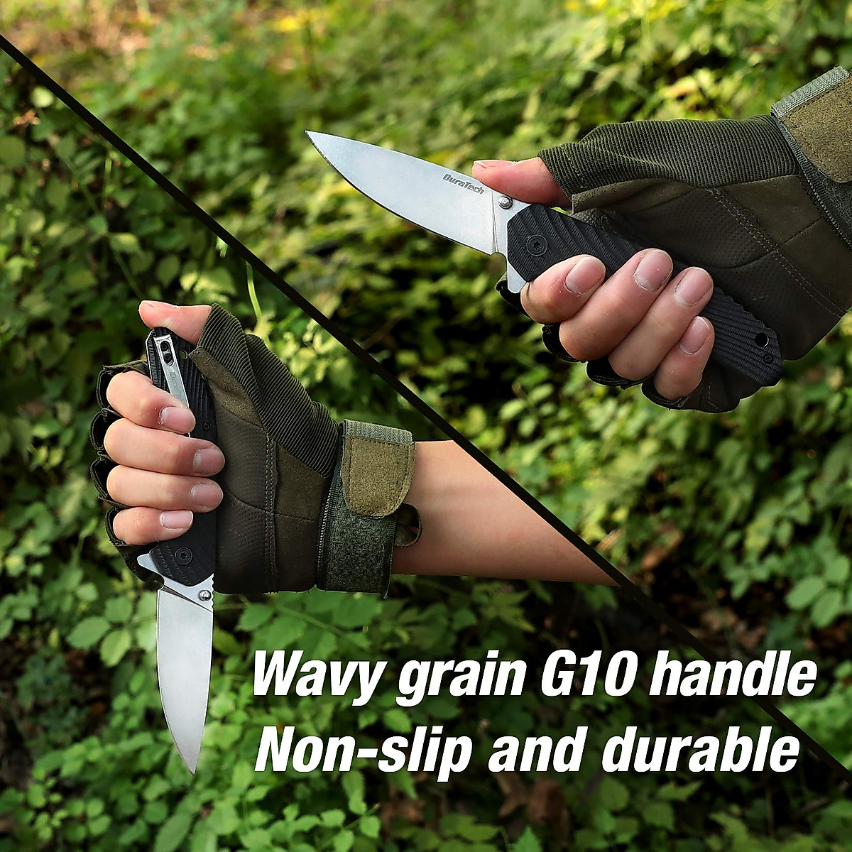 DURATECH Folding Pocket Knife, 3-1/4" Satin 8CR13MOV Blade, Black Wavy Grain G10 Handle with Liner Lock Knife For EDC