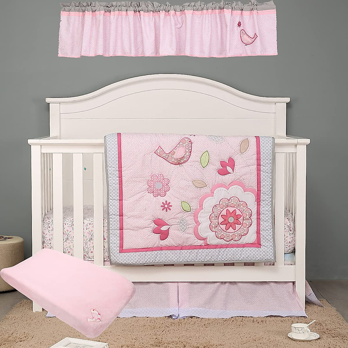 5 PCs Pink Floral Nursery Crib Bedding Set Embroidery Birds Flower Baby Girl Cot Bedding Set Quilt + Fitted Sheet + Skirt + Window Valance + Changing Pad Sheet