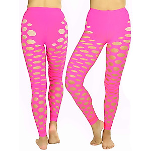 ToBeInStyle Women's Fishnet Slashed Leggings w/Footless Design - One Size - Hot Neon Pink