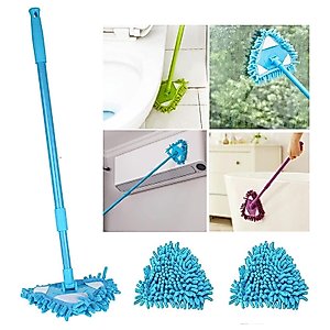 180° Rotatable Adjustable Triangle Cleaning Mop, Wet and Dry Mop with Extendable Long Handle, Cleaning Mop with 2 Reusable Mop Heads for Bathroom Floor Wall Sofa Bed Bottom (Blue)