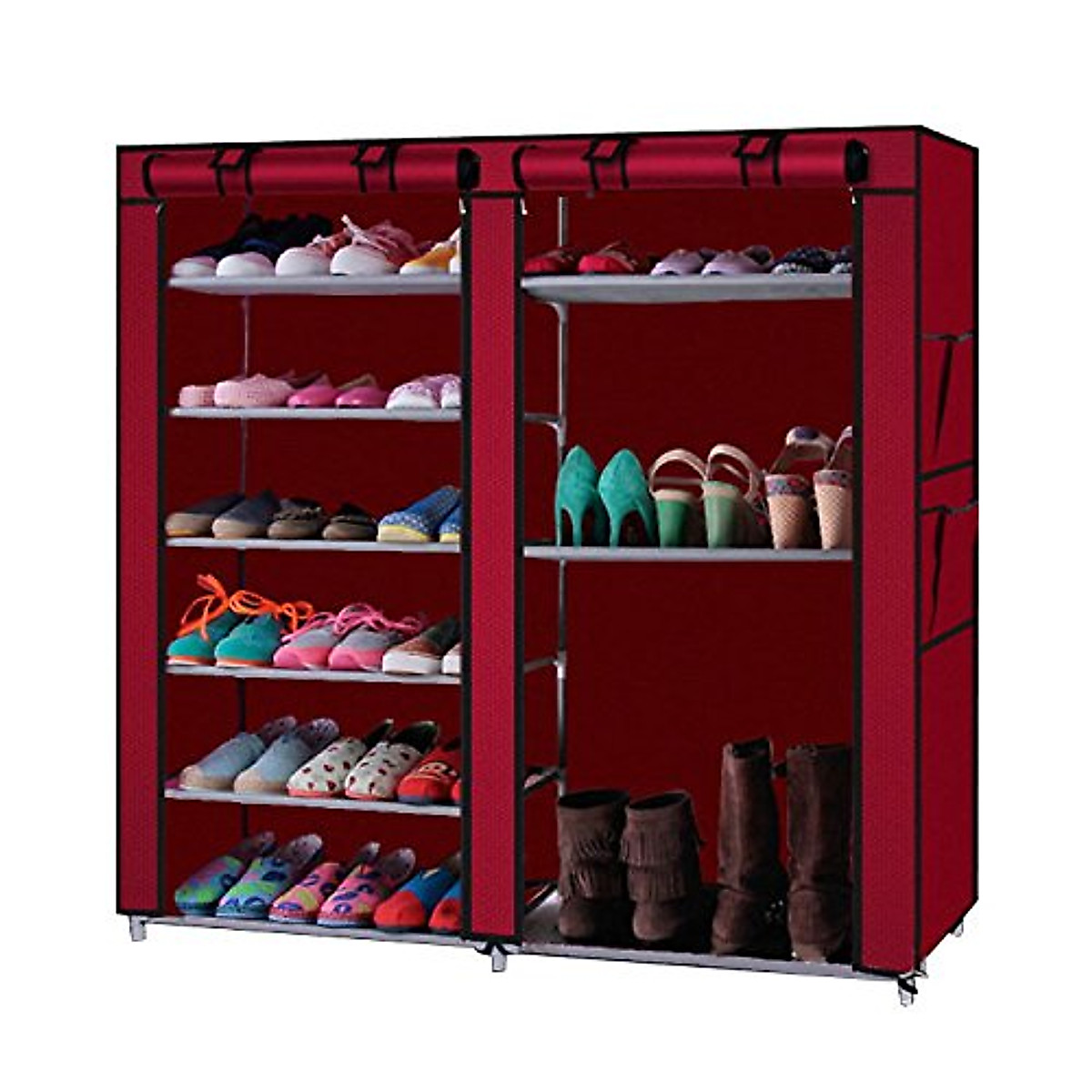 6 Tier Shoe Rack with Dustproof Cover, 27 Pairs Portable Vertical Double Row Shoe Rack Storage Organizer with Nonwoven Fabric Cover Cabinet for Closet & Entryway, Wine Red