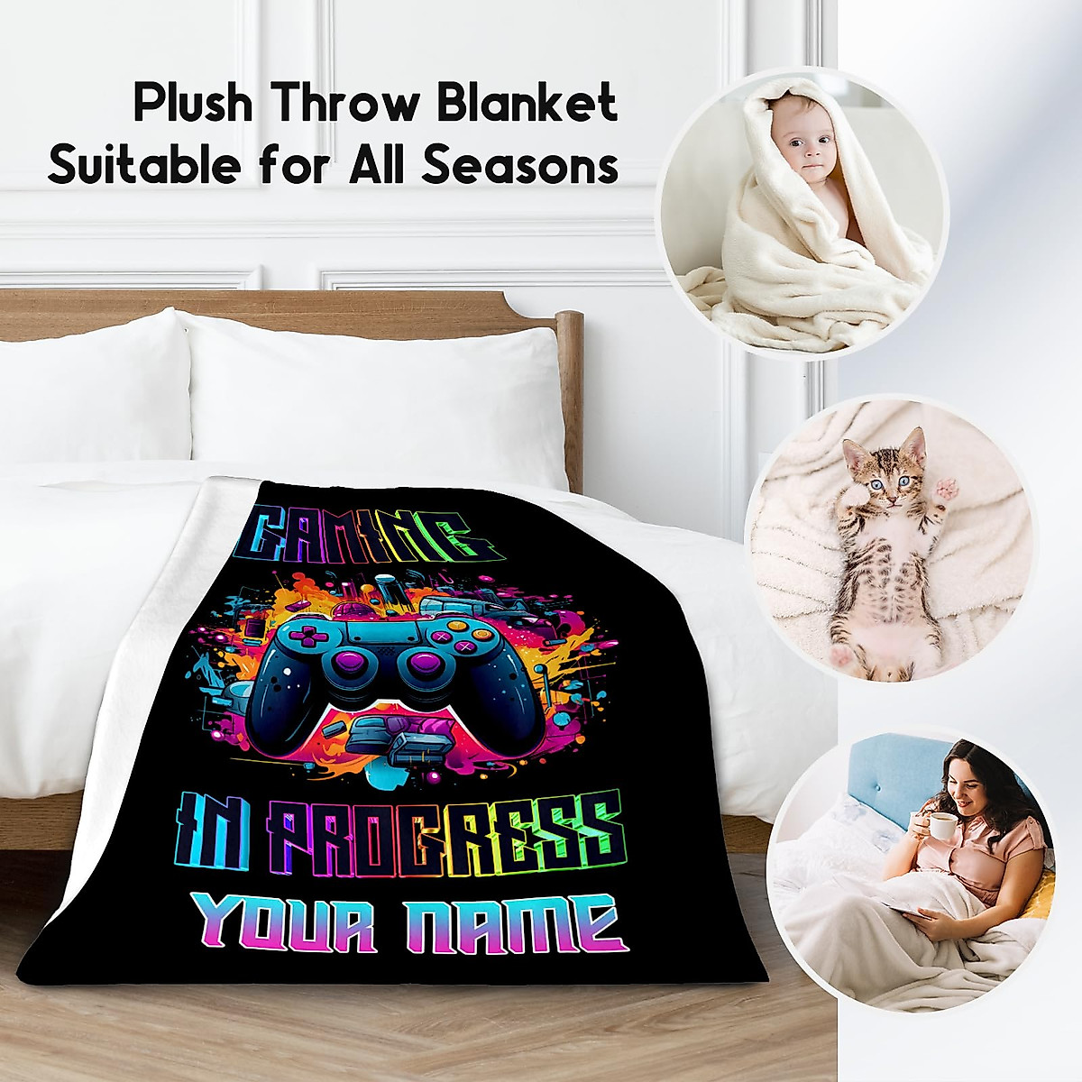 Custom Gaming Blanket - 40x50 Inches Cool Throw Blanket for Boys, Girls - Black Soft Fuzzy Blankets for Couch, Sofa & Office