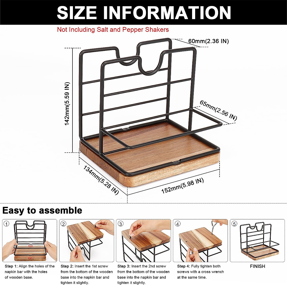 Livabber Napkin Holder, Metal Napkin Holder with Salt and Pepper Shakers Caddy Modern Napkin Dispenser for Table Kitchen Countertop, Not Including Salt and Pepper Shakers (Middle Wooden, Black)