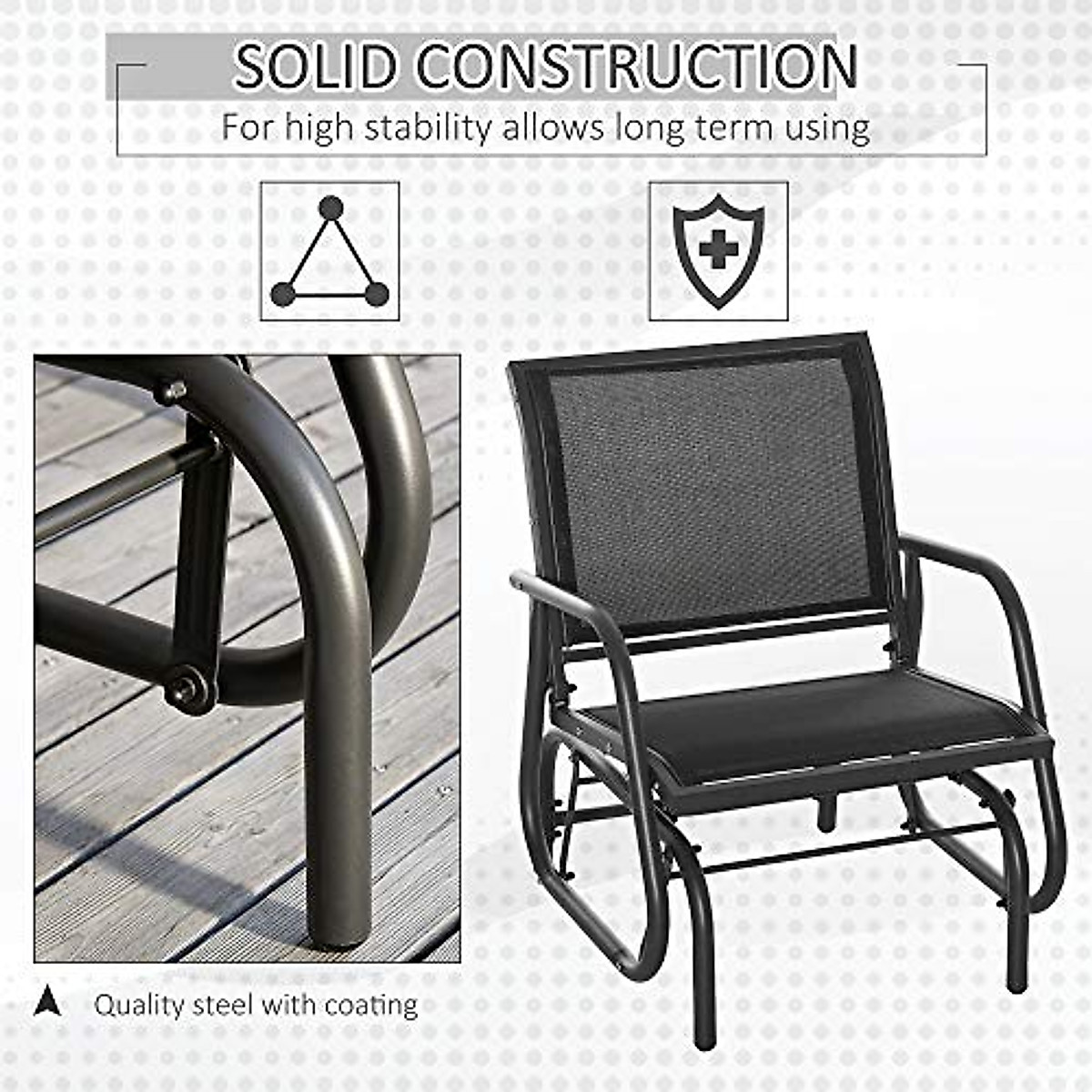 Outsunny Porch Glider, Set of 2, Metal Frame Swing Glider Chair with Breathable Mesh Fabric, Curved Armrests and Steel Frame for Garden, Poolside, Backyard, Balcony, Black