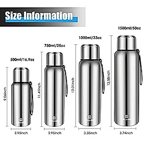 Insulated vacuum Thermo Bottle 1000ml/33oz with cup Stainless steel coffee bottles for hot and cold drink water flask.(Silver,1000ml)