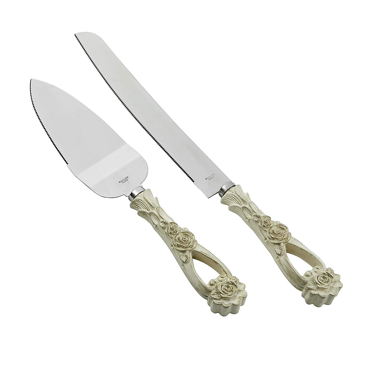 FashionCraft Vintage Rose Design Wedding Knife and Cake Server Set, Ivory
