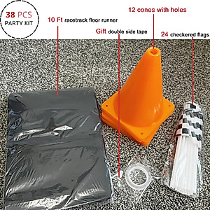 YOELVN 7inch Orange Racing Traffic Cones With Holes on Top,Checkered Flags,Racetrack Floor Runner,Race Car Birthday Party Supplies,Table Centerpiece Decorations 38PCS Set