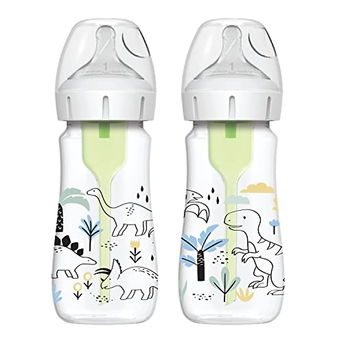 Dr. Brown's Natural Flow® Anti-Colic Options+™ Wide-Neck Baby Bottle Designer Edition Bottles, Dino Decos, 9oz/270mL, Level 1 Nipple, 2-Pack, 0m+