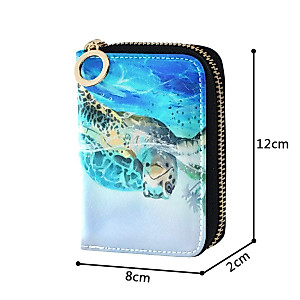 MOYYO RFID Credit Card Holder Case Watercolor Drawing Sea Turtle Leather Printed Zipper Card Case Wallet for Women Girls