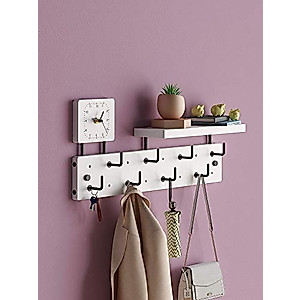 Entryway Coat Hooks with Shelf and Clock, Wall-Mounted Hanging Rack, Hallway/Living Room/Bedroom Organize and Decor Display Hook Rack. Bamboo Wood Body with 8 Metal Hooks, White Colour