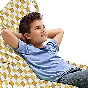 Lunarable Vintage Lounger Chair Bag, Retro Forms Squares with Fallen Leaves Earthy Mother Nature Print, High Capacity Storage with Handle Container, Lounger Size, Orange Yellow Khaki