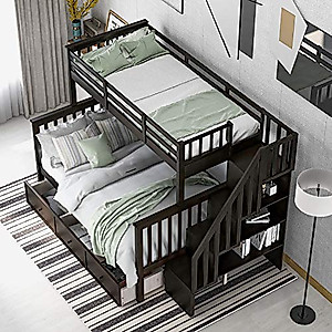 MERITLINE Twin Over Full Bunk Bed with Stairs, Wood Bunk Bed Frame with Storage Drawers and Shelves, No Box Spring Needed (Espresso)