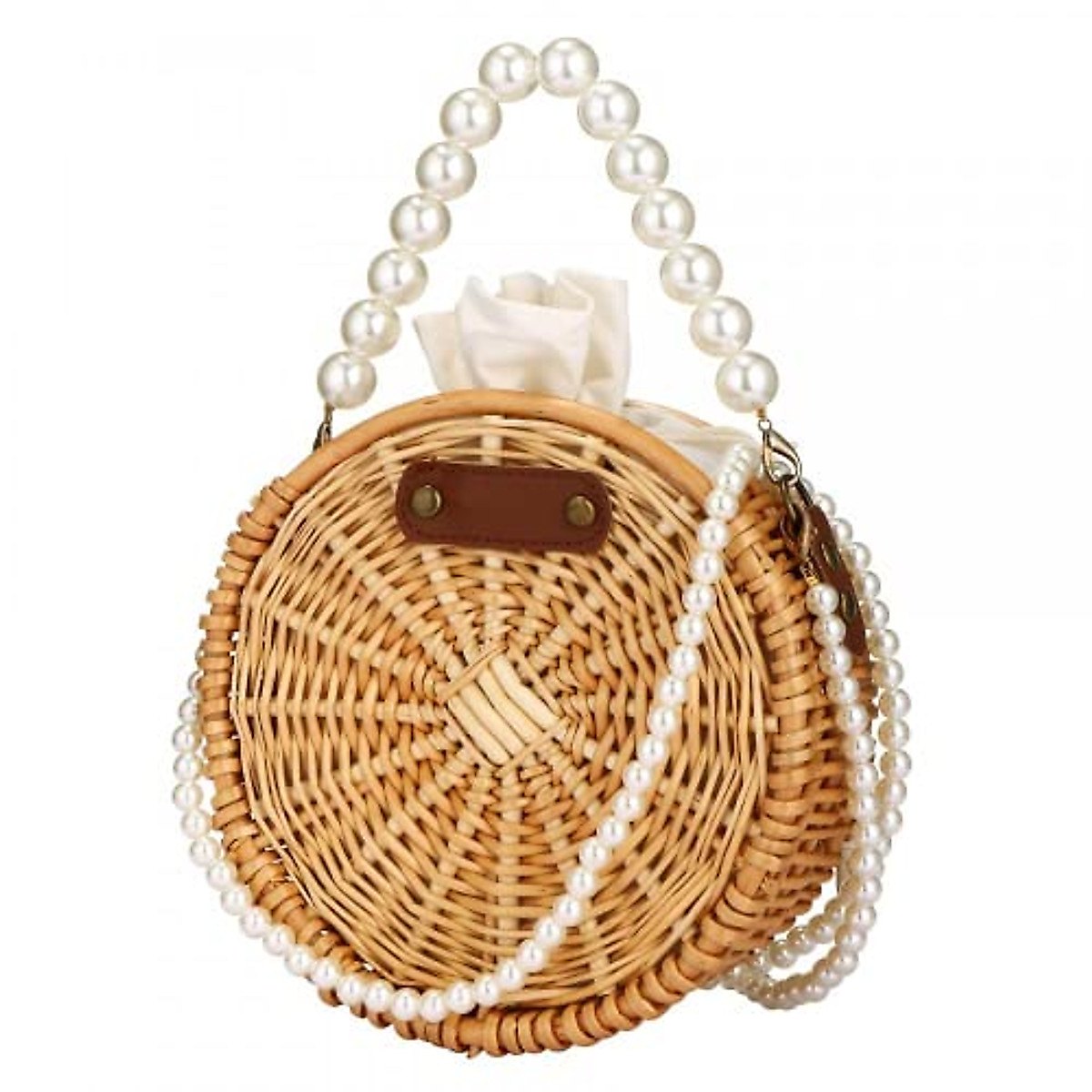 Round Rattan Bag, Pearl Purse, Summer Tote Bag, Top Handle Handbag, Beach Bag Purse for Women, Top Handle Handbag