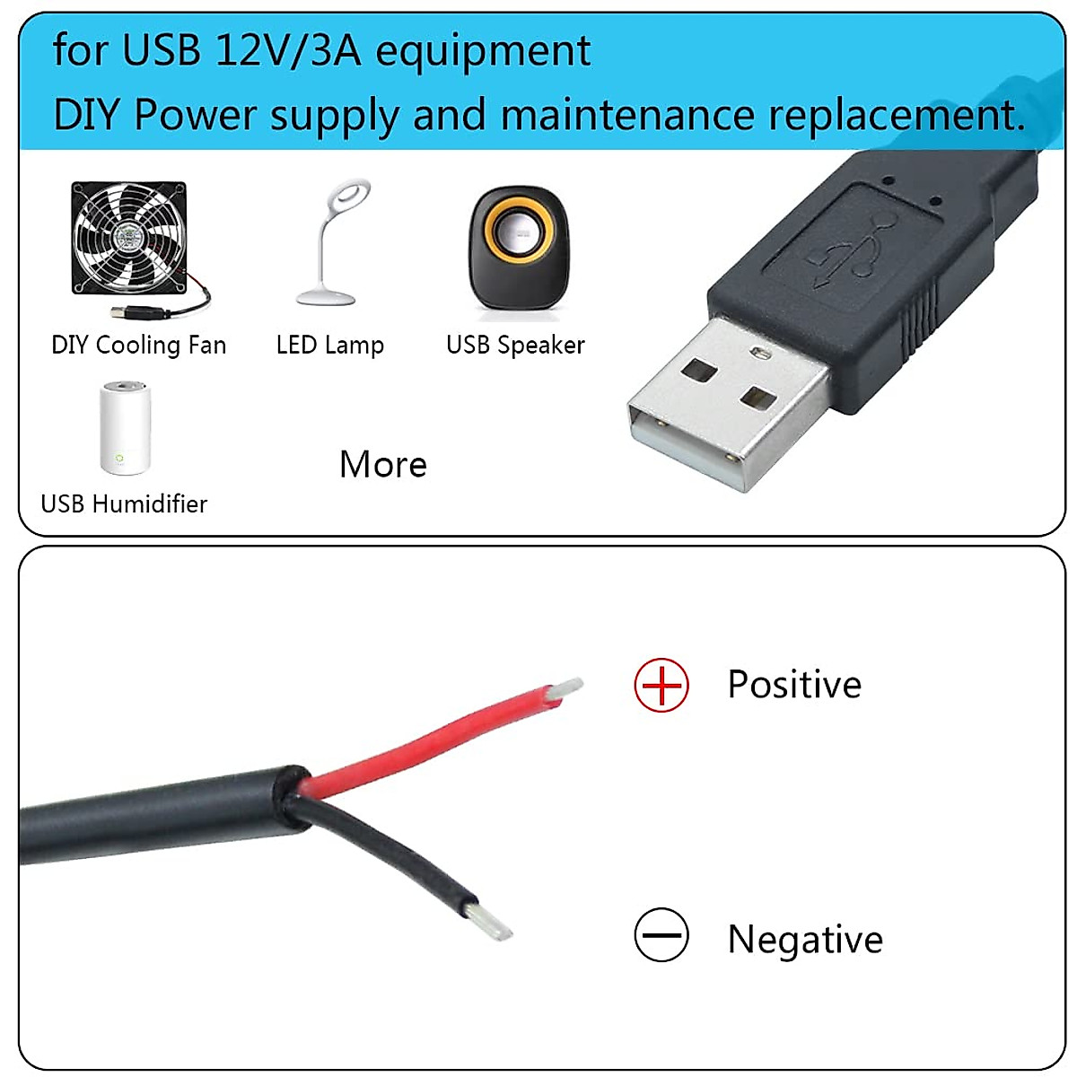 Short USB A Male 2 Pin Bare Wire,30cm/11.8in USB A 12V/3A Pigtail Open End Power Cable,for and USB Equipment Installed or Replace Repair DIY Cable(4PCS)