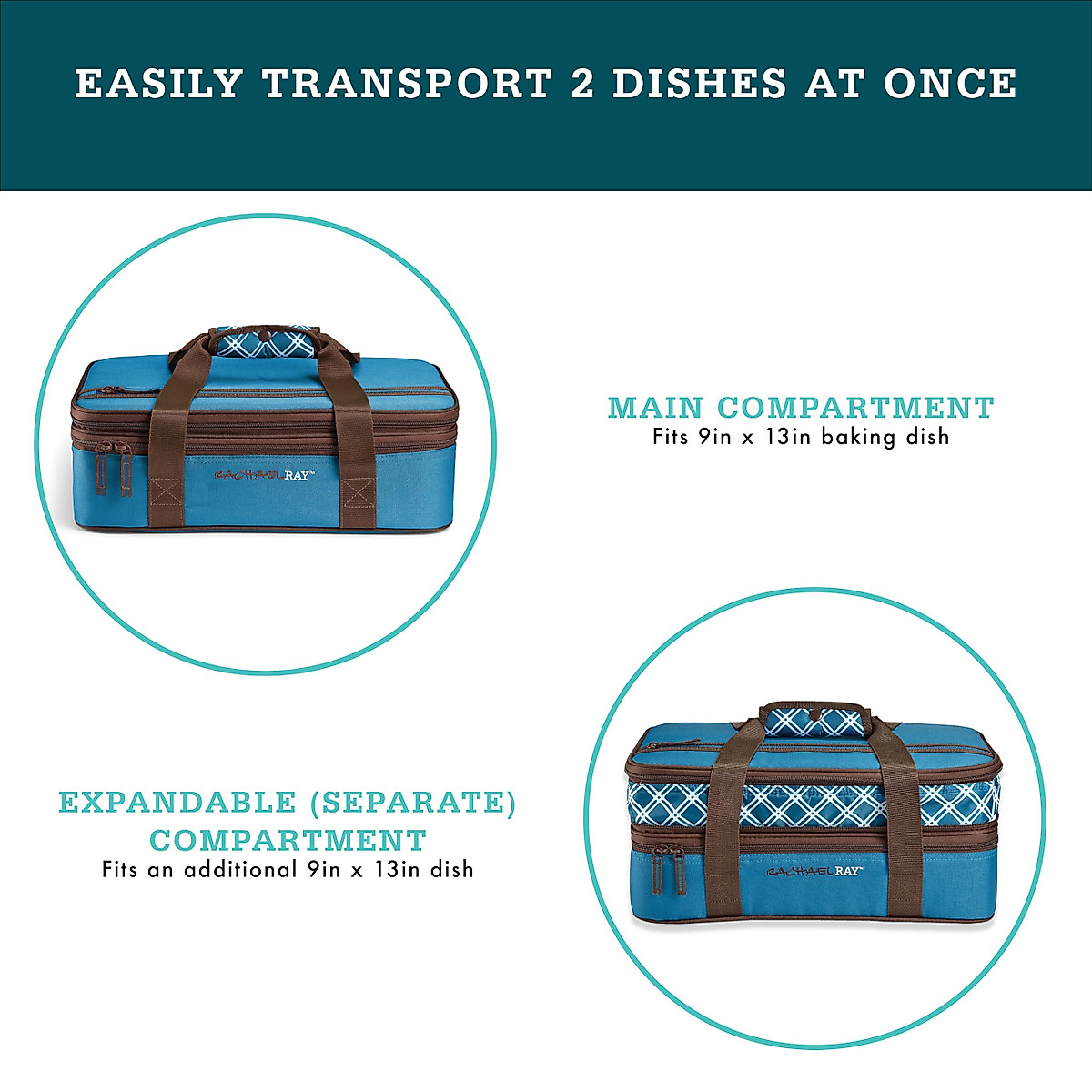 Rachael Ray Expandable Insulated Casserole Carrier for Hot or Cold Food, Thermal Lasanga Lugger Tote for Pockluck, Parties, Picnic, and Cookouts, Fits 9" x 13" Baking Dish, Bias Plaid Marine Blue