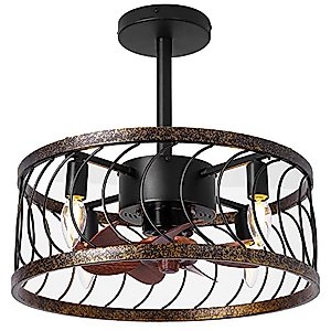 Rustic Hand-Swept Gold Paint Accents Sand Black Fandelier Ceiling Fans with Lights and Remote, Farmhouse Caged Semi-Flush Mount Ceiling Fan with Height Adjustment, Reverse Quite Motor for Indoor