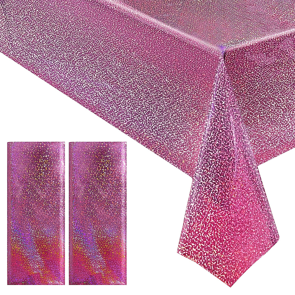 Just Shimmer 2 pcs Pink Holographic Plastic Tablecloths Laser Table Covers 40" x 108" Foil Disposable Table Cloths for Party Birthday Wedding Christmas Holiday Party Decorations