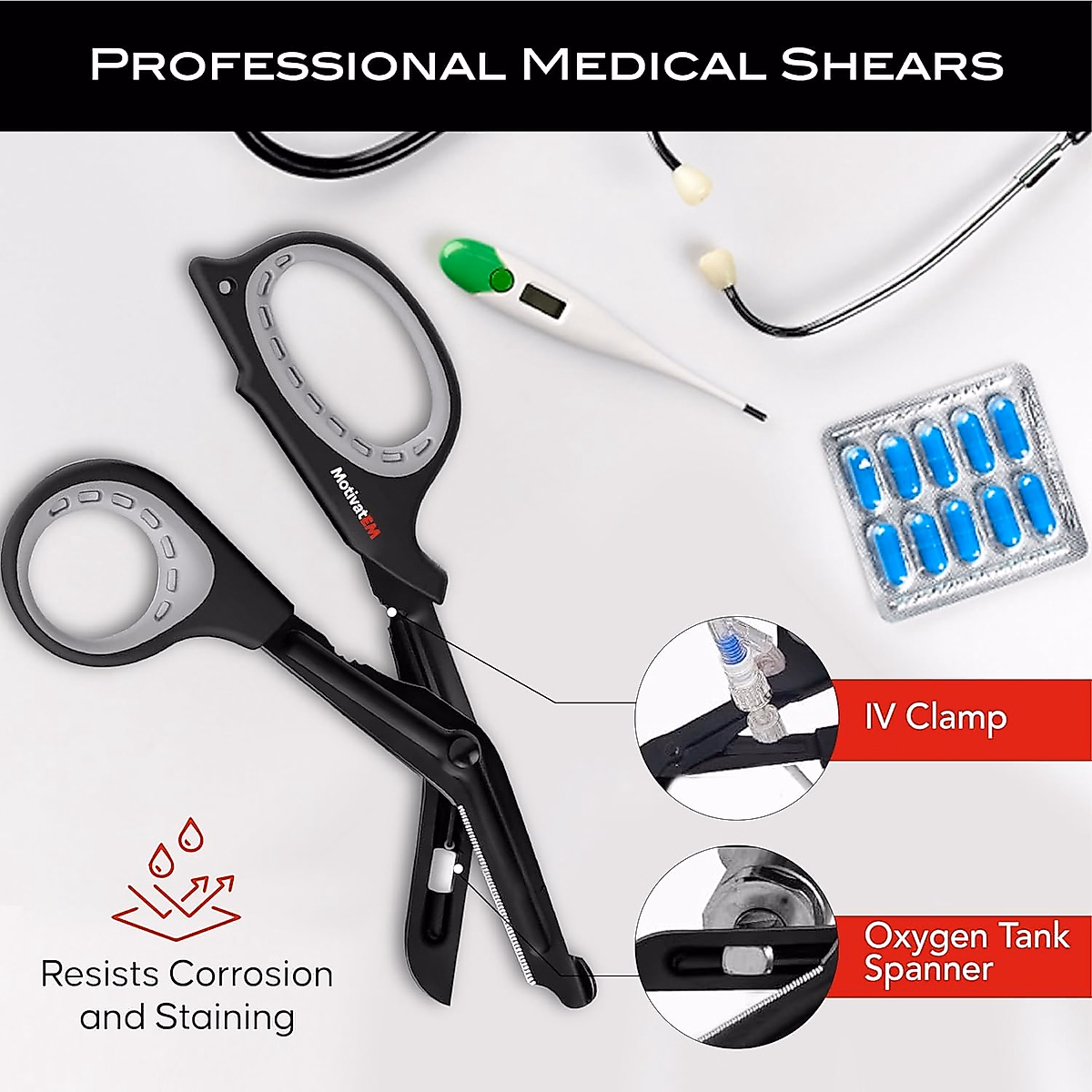 MotivatEM Trauma Shears for Doctors, Nurses, Paramedics, EMTs – 7.5” Rubberized Bandage Scissors for Easy Grip - Trauma Shears for Nurses and First Aid Box – Stainless Steel First Aid Scissors