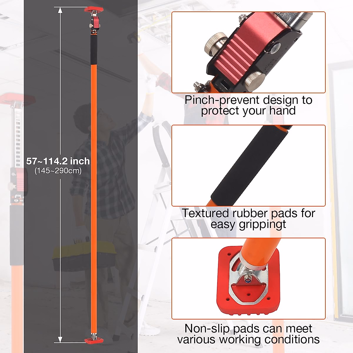 Cabinet Adjustable Support Pole, Upper Hand Work Support for Cabinet Jacks 3rd Hand Support System with Adjustable Length Non-Slip Pads and Telescopic Pole，Extends from 57" to 114", 2 Pack