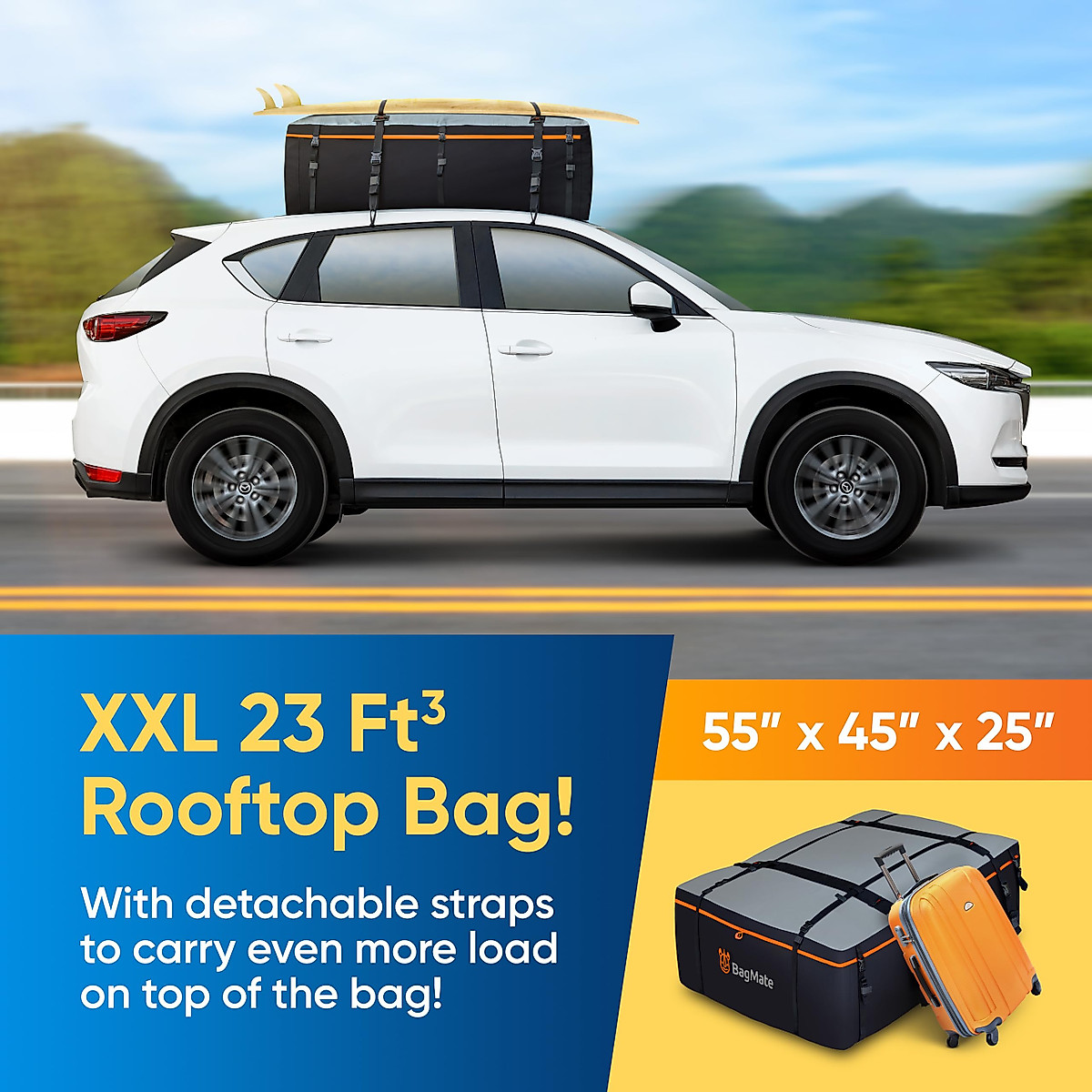 BagMate Military-Grade Waterproof Roof Bag - Rooftop Cargo Carrier – XXL 23 Cubic Feet. with 4 Door Hooks, Zipper/Buckle Closure, Extra Strap – Black Roof Bag for Cars with or Without Rack