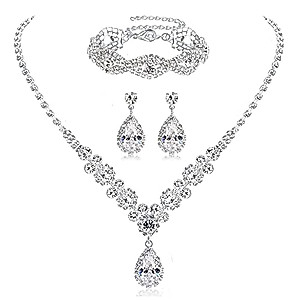 Hadskiss Wedding Jewelry Set for Weddings Prom Parties,Elegant Necklace Dangle Earrings Bracelet With White Rhinestone Crystal for Brides Bridesmaids Women