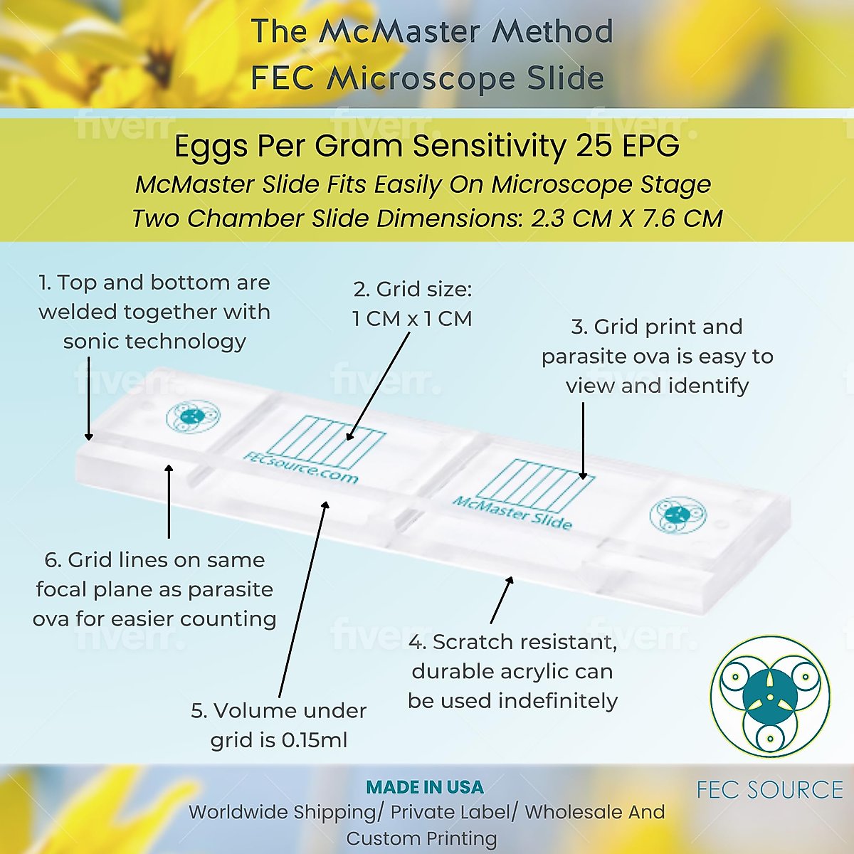 4 McMaster Method Microscope Slides, by FEC Source, Fecal/Worm Egg Count for Parasites for Veterinary Use. Livestock Parasite Management. FECRT Reference Guide Included.