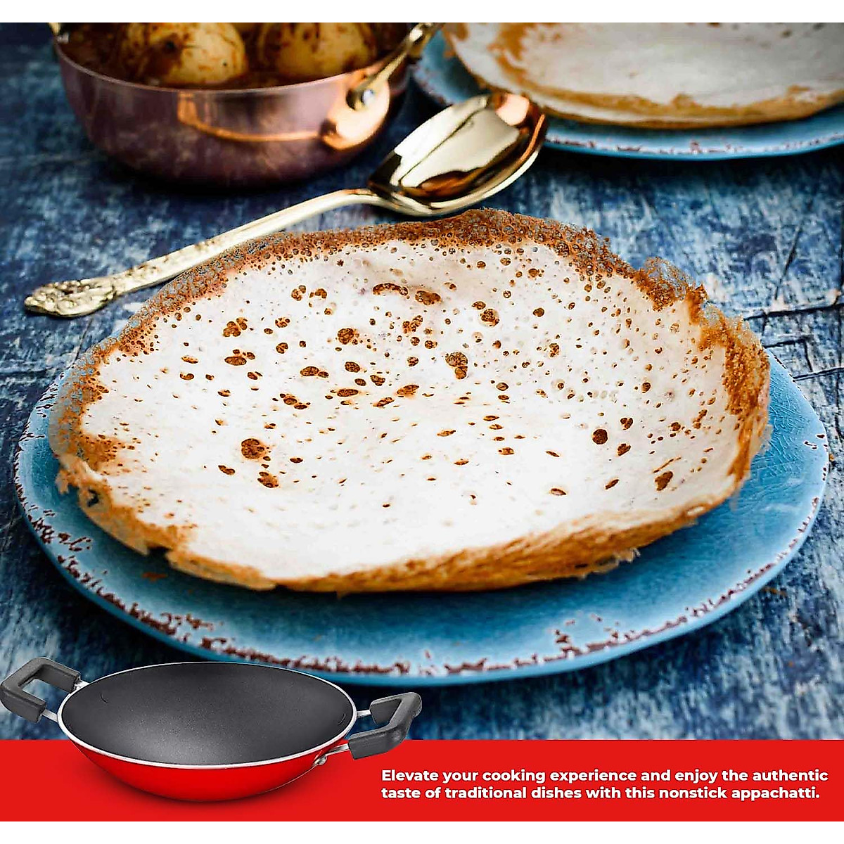 PANCA Non-Stick Aluminium Appachatti with Stainless Steel lid, 2.6mm, Red/Black, 23cm, Gas Compatible