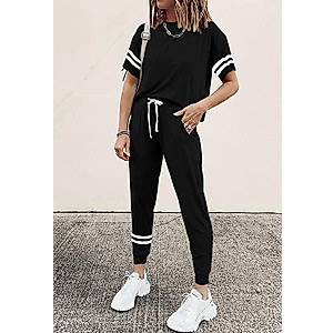PRETTYGARDEN Women Summer Two Piece Outfits Striped Short Sleeve Pullover and Long Pants Tracksuit Travel Pajama Lounge Set (Black,XX-Large)