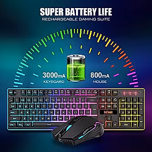 RedThunder K10 Wireless Gaming Keyboard and Mouse Combo, LED Backlit Rechargeable 3800mAh Battery, Mechanical Feel Anti-ghosting Keyboard + 7D 3200DPI Mice for PC Gamer (Black)
