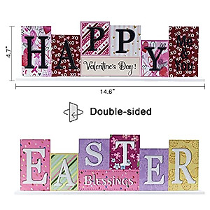Easter Decorations, DECSPAS Double Sided Wooden Sign Valentines Easter Decor, Decorative Wood Block Set Easter Decorations for the Home, Living Room, Mantle, Dining Table, Office