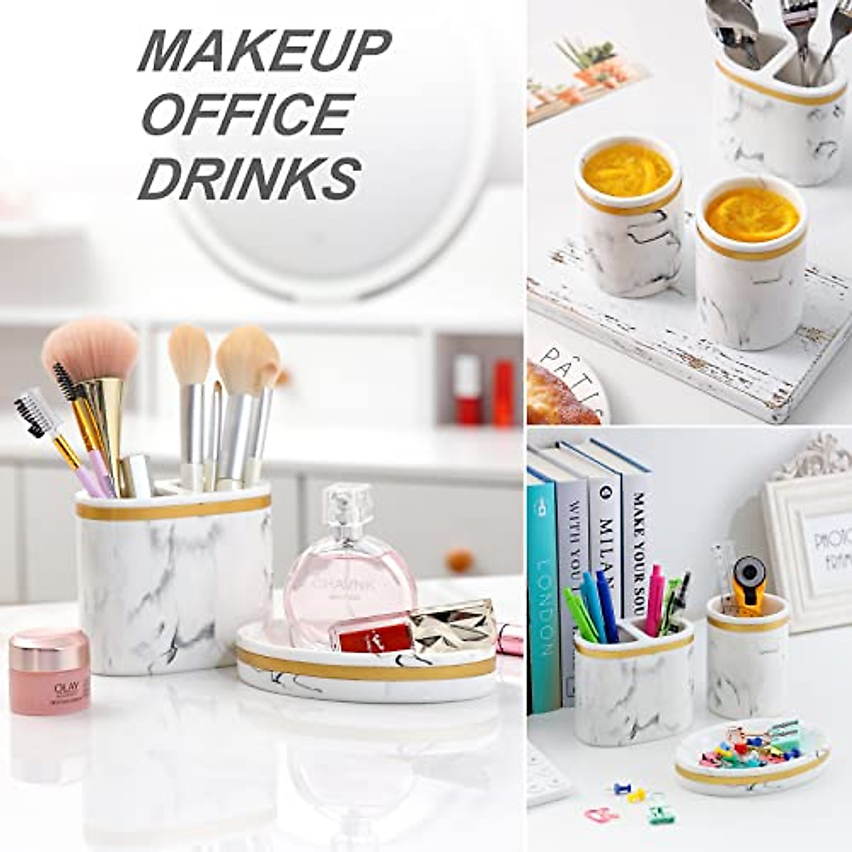 WEYEEN Bathroom Accessory Set,5 Pieces Marble Pattern Bathroom Counter Top Accessories Sets with Bathroom Soap Dispenser,Toothbrush Holder,Two Bathroom Cups and Soap Tray for Modern Bathroom Decor