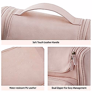BAGSMART Hanging Toiletry Bag, Water-resistant Leather Dopp Kit, Large Travel Organizer for Full Sized Container, Nude Pink