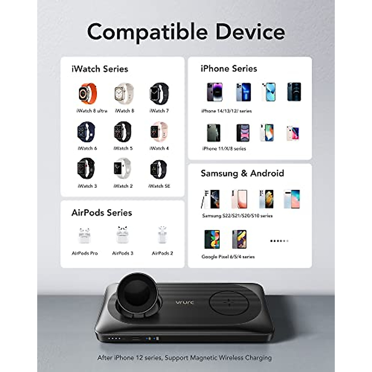 VRURC Wireless Portable Charger, 10000mAh Magnetic Power Bank, 3 in 1 Charger, 22.5W Fast Charing Battery Pack, 3 inputs 4 outputs Compatible with iPhone 15/14/13, iWatch 8/7/6, AirPods Pro/2 - Black