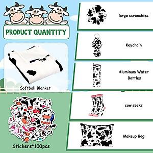 Bokon Cow Print Stuff for Girls, Cow Themed Set Include 50" x 60" Warm Plush Cute Blankets 20 oz Cow Tumbler Socks Cosmetic Bag Lipstick Holder Scrunchies Cow Sticker for Cow Lover