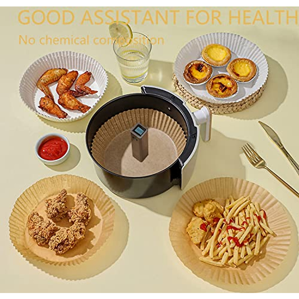 Disposable Air Frying Pan Paper 100 Pcs 7.9 Inch Non Stained for Microwave Oven Fryers Basket Frying Pan, Food Grade Microwave Baking Paper