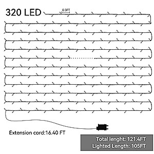 Warm Yellow Christmas Halloween 320 LED String lights 122FT Outdoor String Lights with 8 Modes Plug in Waterproof Fairy Lights Indoor for Party Carnival Supplies, Outdoor Patio Yard Lawn Garden Decor