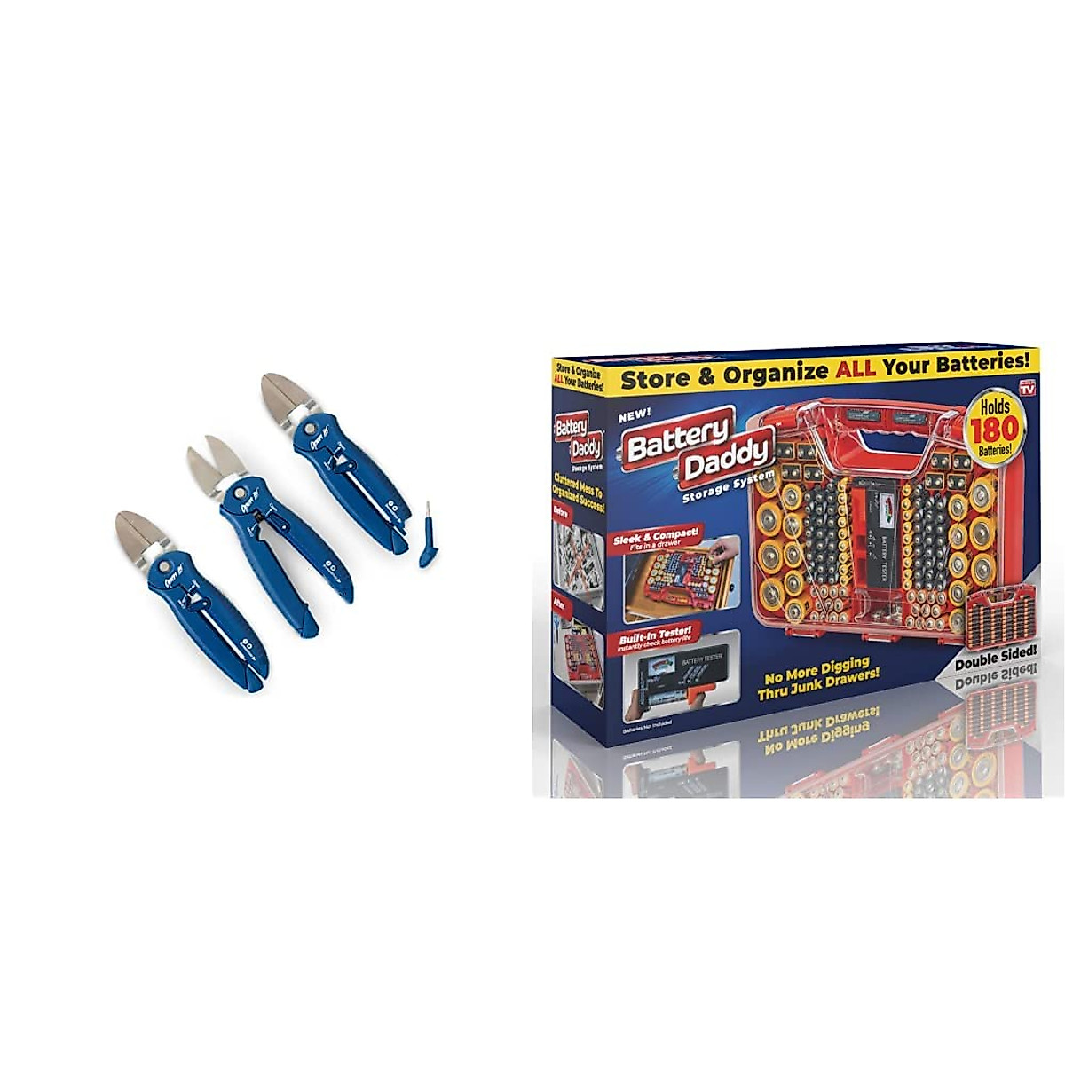 Zibra Open-It! All-In-One Multi Tool with Heavy-Duty Scissors, Box Cutter, Screwdriver, and Package Opener, Blue | Ontel Battery Daddy - Battery Organizer Storage Case with Tester