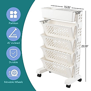 Doryh 5-Tier Plastic Mobile Bookshelf Organizer, Movable Bookcase with Wheels, White