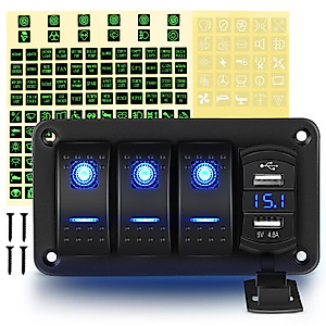 GOOACC 3 Gang Rocker Switch Panel Blue Backlit with 4.8 Amp Dual USB Charger Voltmeter Waterproof 12V 24V DC Rocker Switch with Night Glow Stickers for Car Trucks Boats RVs,2 Years Warranty