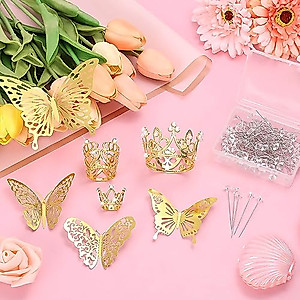 cridoz 163Pcs Flower Bouquet Accessories, 15Pcs Mini Crowns with 48Pcs Gold 3D Butterfly Decorations and 100Pcs Corsage Boutonniere Pins for Flower Arrangements, Small Crowns for Cake Topper