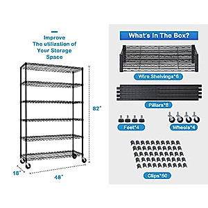 6-Tier Metal Wire Shelving Unit w/Wheels Height Adjustable Storage Rack NSF Certified Storage Shelves 2100/500 Lbs Capacity Standing Utility Shelf for Laundry Kitchen Pantry Garage Organization