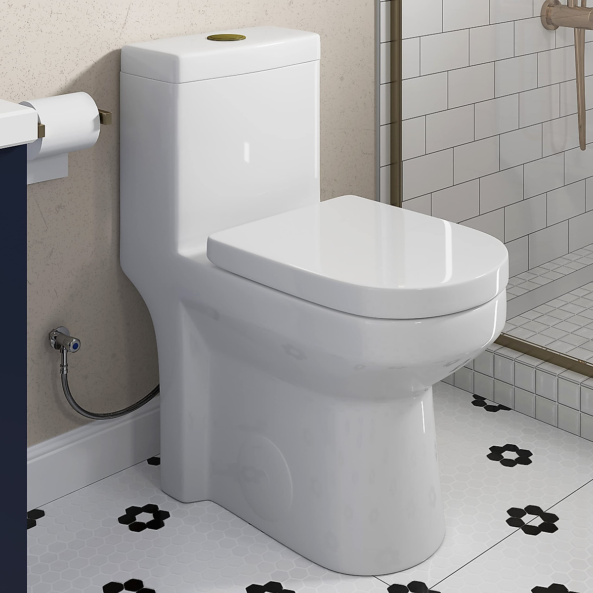 HOROW HWMT-8733 Small Compact One Piece Toilet For Bathroom, Powerful & Quiet Dual Flush Modern Toilet, 12'' Rough-In Toilet & Soft Closing Seat Include, 25"D x 13.4"W x 28.4"H, White, Gold Button