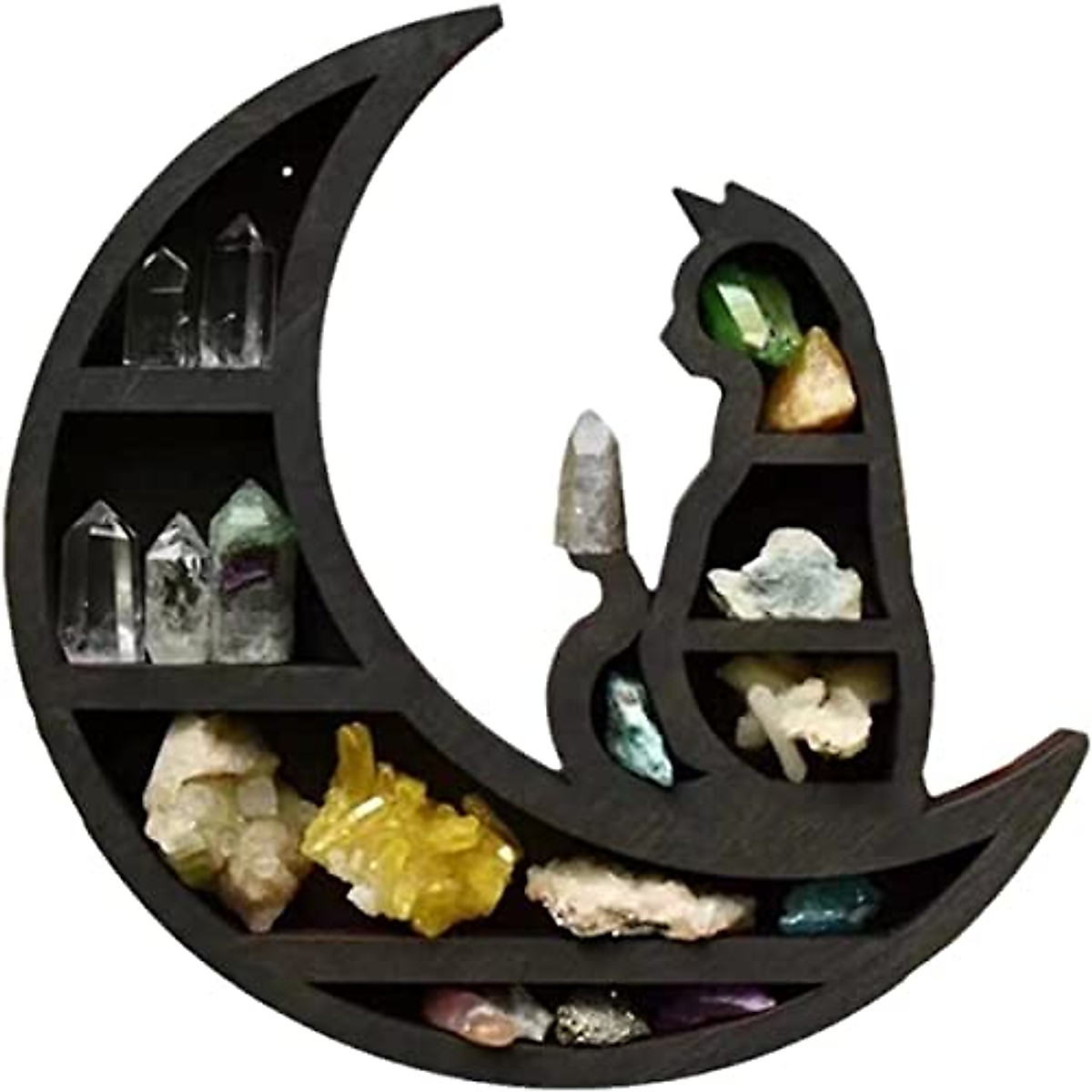 Avehrit Moon Shelf Wall Decor,Wooden Moon Shelf, Moon Shelf for Crystals, Wooden Moon Shelf,Moon Shelf for Crystals Wood Crystal Shelf Black Cat Design Display Shelf Wood Moon Decor Wall Decorations